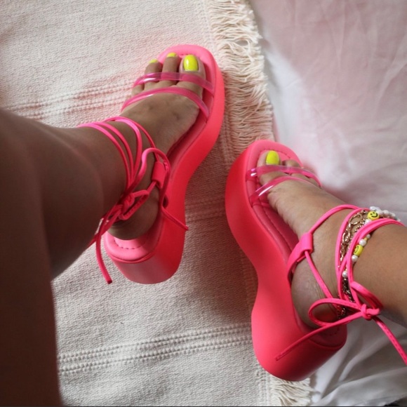 Shoes | The Chrissy Neon Pink Platform Lace Up Sandal | Poshmark
